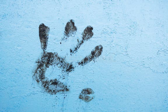 Left Hand Print on a Blue Wall Stock Image - Image of fingerprint ...