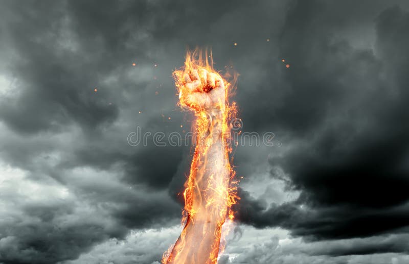 Left Hand Raising Up and is on Fire. Concept Physical Strength Stock ...