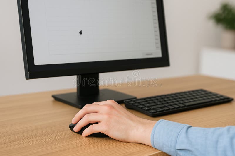 Left-handed Person Using Computer Mouse with Monitor and Keyboard on ...