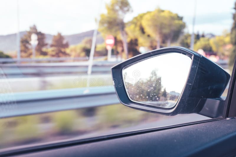 Left Mirror Modern Car Driver Point of View Highway Background Stock ...