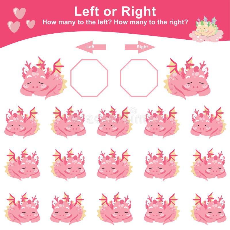 Left or Right with Cute Baby Dragon Sleeping. Counting Worksheet for ...