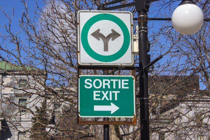 Left or Right Turn, Bilingual Exit Traffic Signs Stock Photo - Image of ...