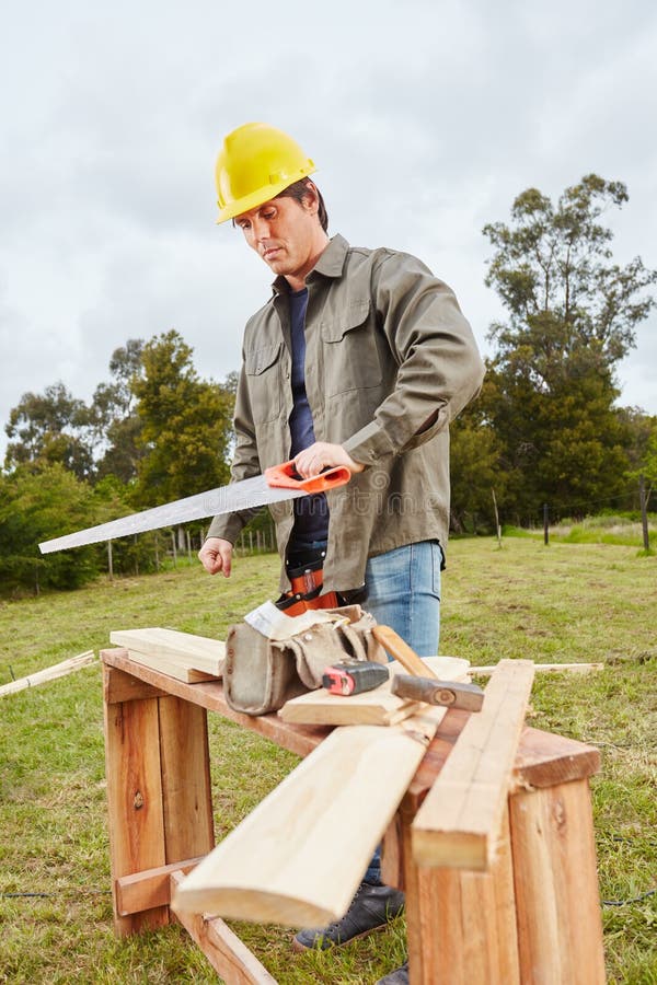 Carpenter Cutting Wood with Accuracy Stock Image - Image of profession ...