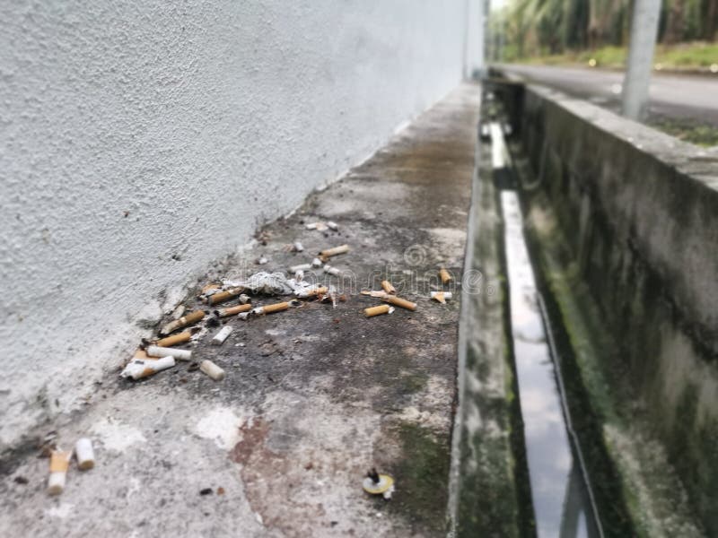 Leftover Cigarette Butts by the Corner of the Dirty Drain. Stock Photo ...