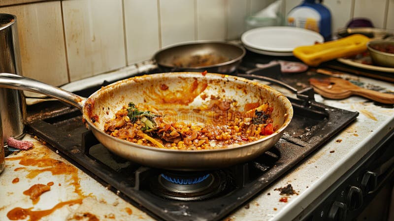 Leftover Food in Pan Still on Stove. Stock Image - Image of meal, heat ...