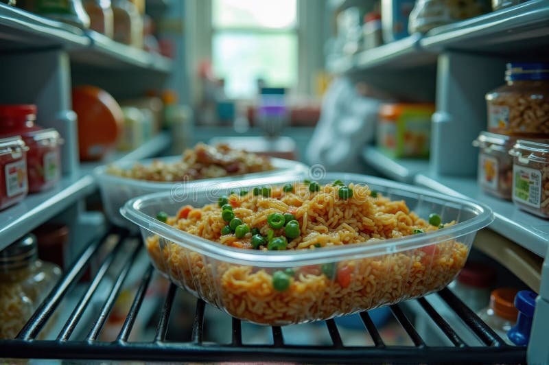 Leftover Fried Rice in Fridge Container with Vegetables and Condiments ...