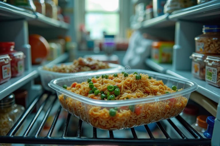 Leftover Fried Rice in Fridge Container with Vegetables and Condiments ...