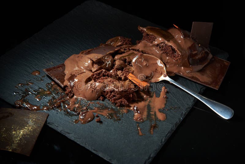 Leftover Ice Cream Chocolate Cake on a Black Plate, End of Meal Stock ...