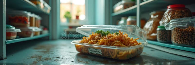 Leftover Noodles in Plastic Container on Pantry Shelf with Sunlight ...