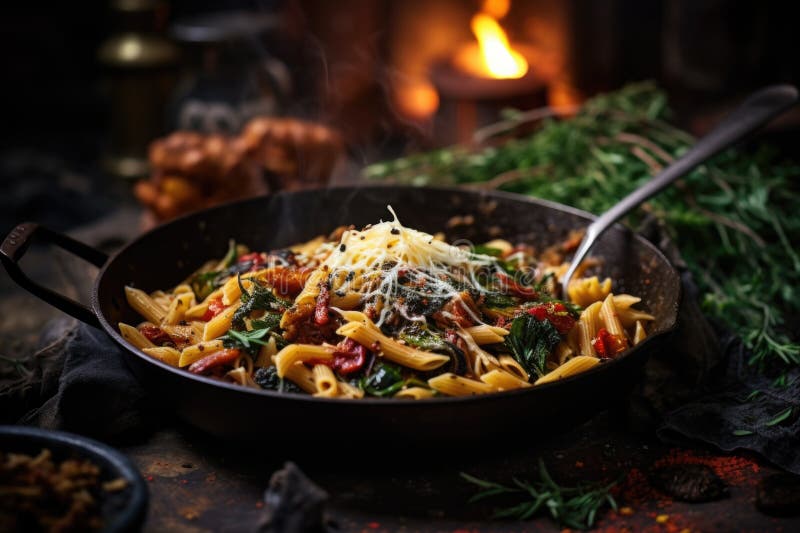 Leftover Pasta in an Open Pan with a Serving Spoon Stock Image - Image ...
