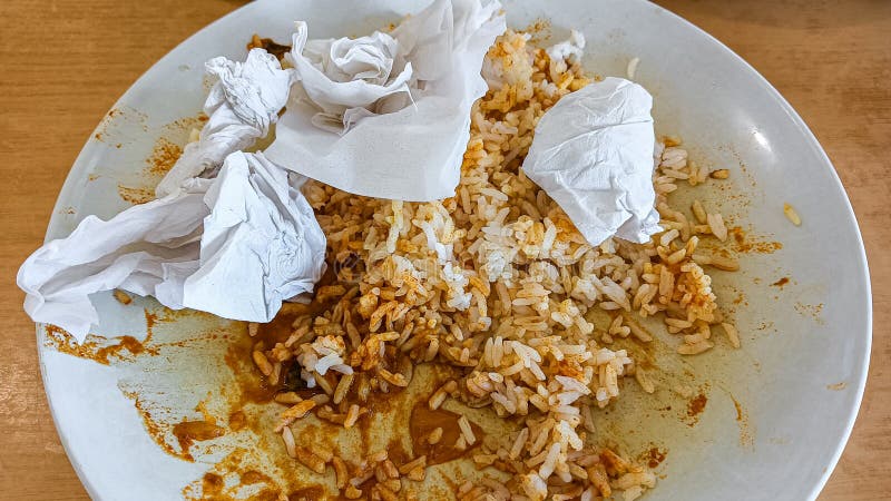 Leftover Rice with Curry and Tissues on a Plate after Meal. Stock Image ...