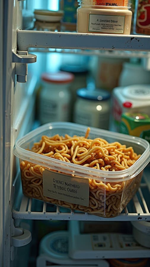 Leftover Spaghetti in Container Inside Refrigerator with Various ...
