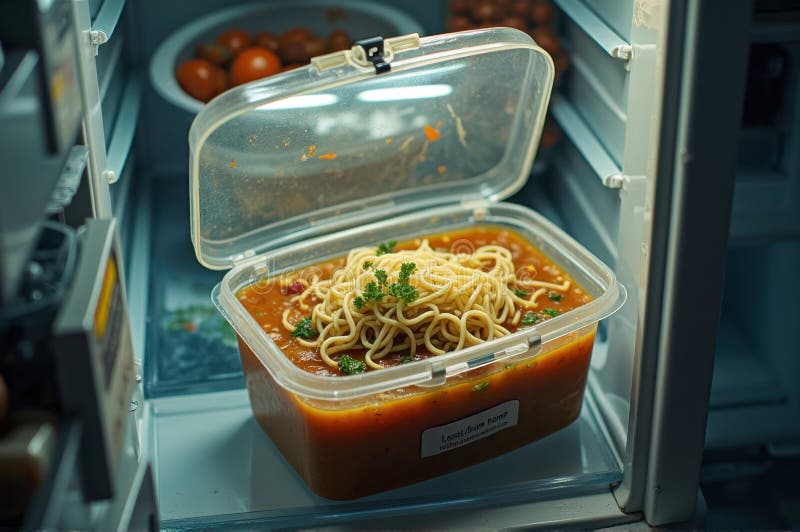 Leftover Spaghetti in Fridge Container with Fresh Herbs on Top Stock ...