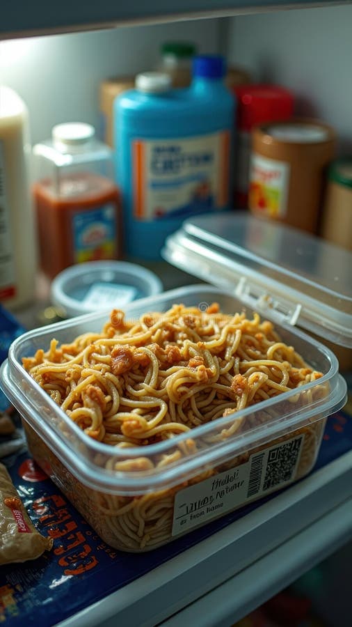 Leftover Spaghetti in Plastic Container Inside Refrigerator Stock Photo ...