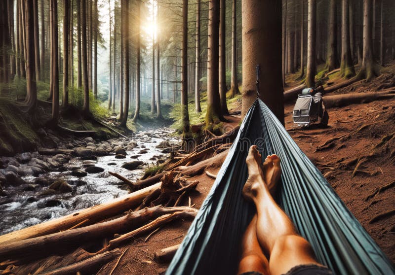 A Leg Hanging from a Hammock in Camp Site in Forest River Nearby Stock ...