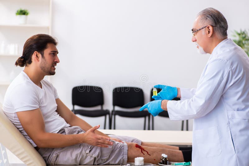 Leg Injured Man Visiting Old Doctor in First Aid Concept Stock Image ...