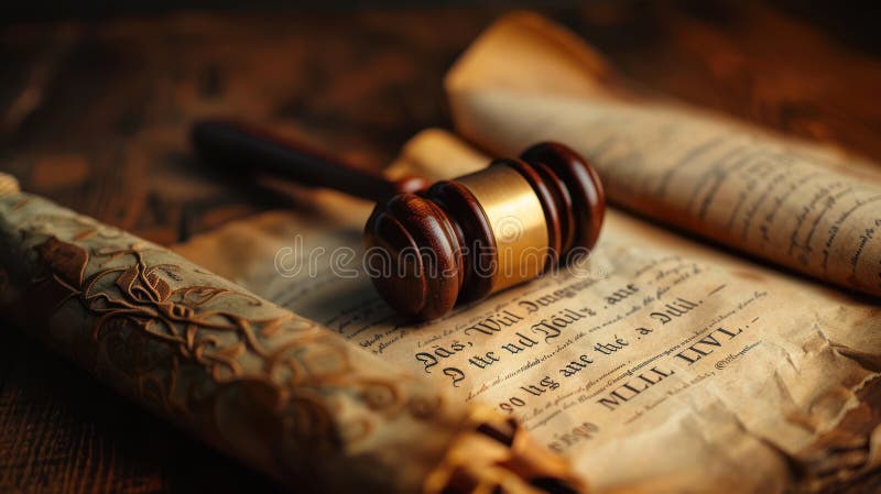 Legal Document with Gavel and Scroll in Dark Background Stock ...