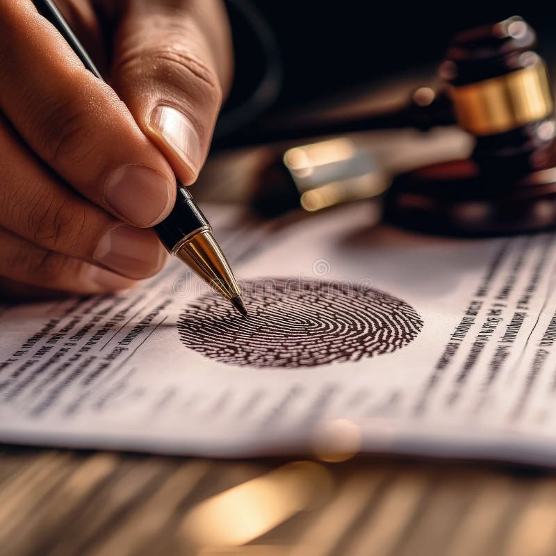 Legal Document Signed with Fingerprint Verification in Courtroom Stock ...