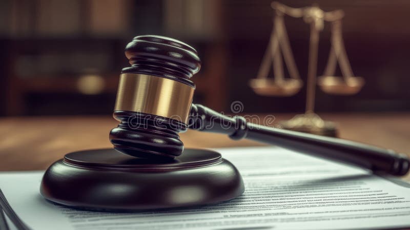 Legal Gavel on Documents with Justice Scales in Background Stock Photo ...