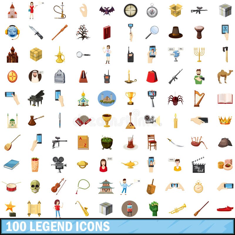 100 Legend Icons Set, Cartoon Style Stock Vector - Illustration of ...