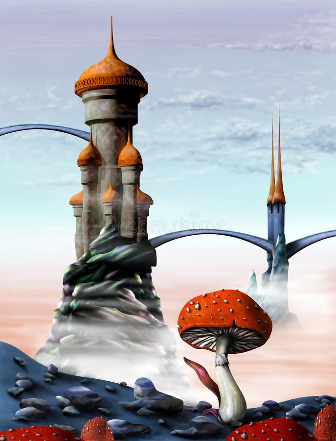 Alien Castle Fortress Under an Exploding Sun Stock Illustration ...