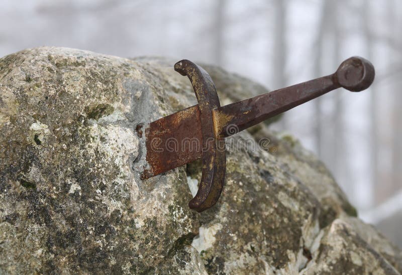 Legendary Excalibur Sword into the Stone in the Middle of the Forest ...