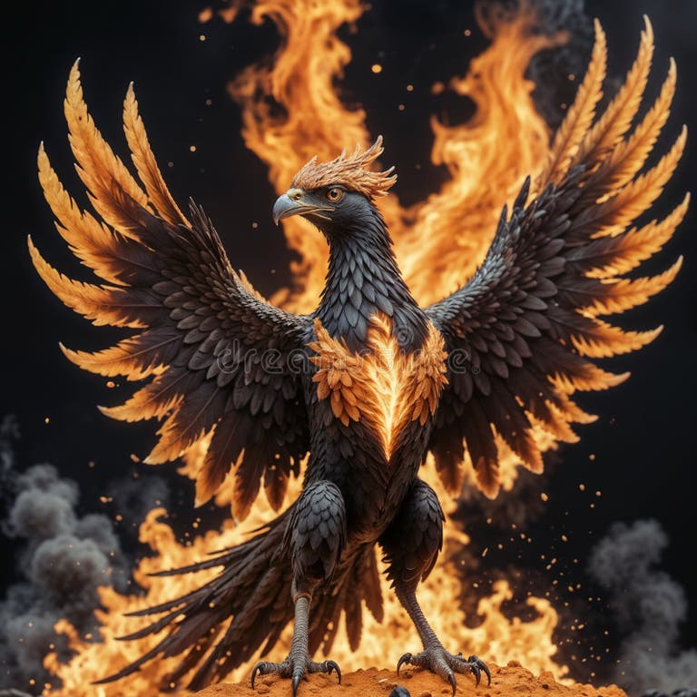 Mythical Phoenix Rising from Flames in Dramatic Backdrop Stock ...