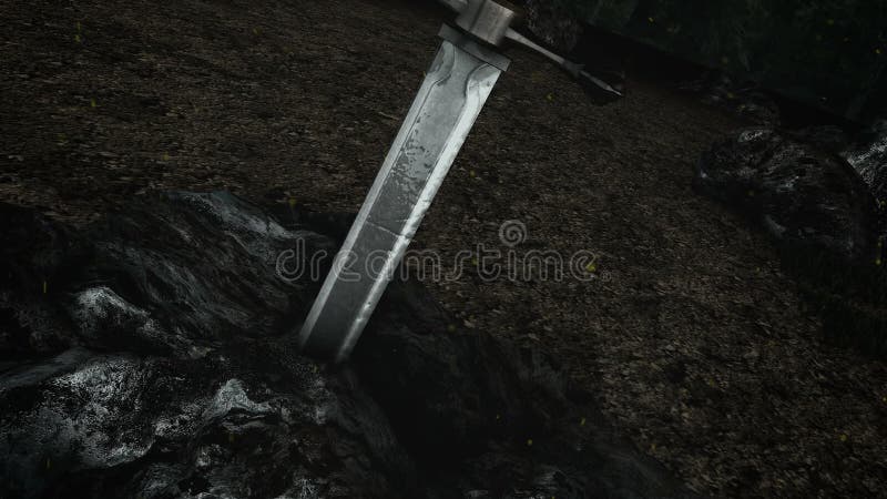 Medieval Iron Sword Stuck Inside a Rock in a Forest Stock Footage ...
