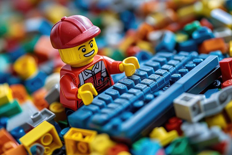 Lego Figure Types Energetically on Tiny Keyboard Amid Colorful Bricks ...