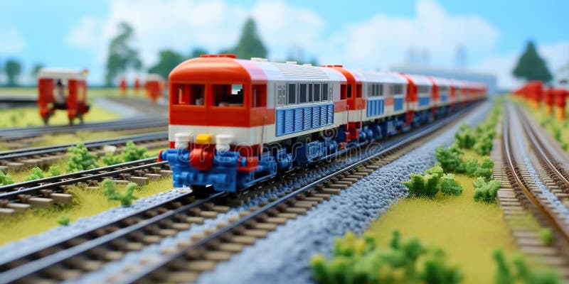 LEGO Railway Track with a String of Container Trains, Highlighting the ...