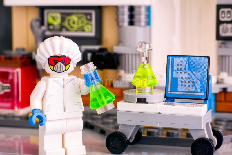 Lego Scientis Minifigure In Protective Suit With Flasks In Laboratory Editorial Image Image Of