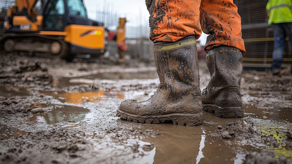 Legs of a Builder in Boots on a Construction Site Stock Illustration ...