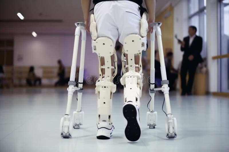 Legs of Disable Man in the Robotic Exoskeleton Walking through the ...