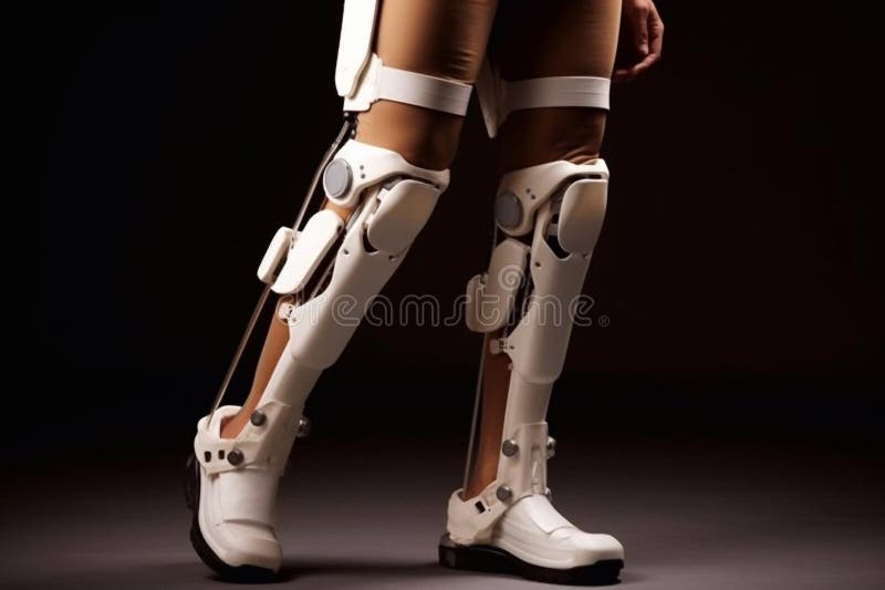 Legs of Man in the Robotic Exoskeleton Walking through the Corridor of ...