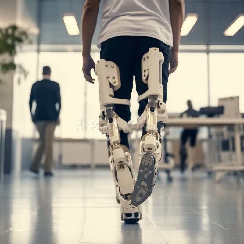 Legs of Man in the Robotic Exoskeleton Walking through the Corridor of ...