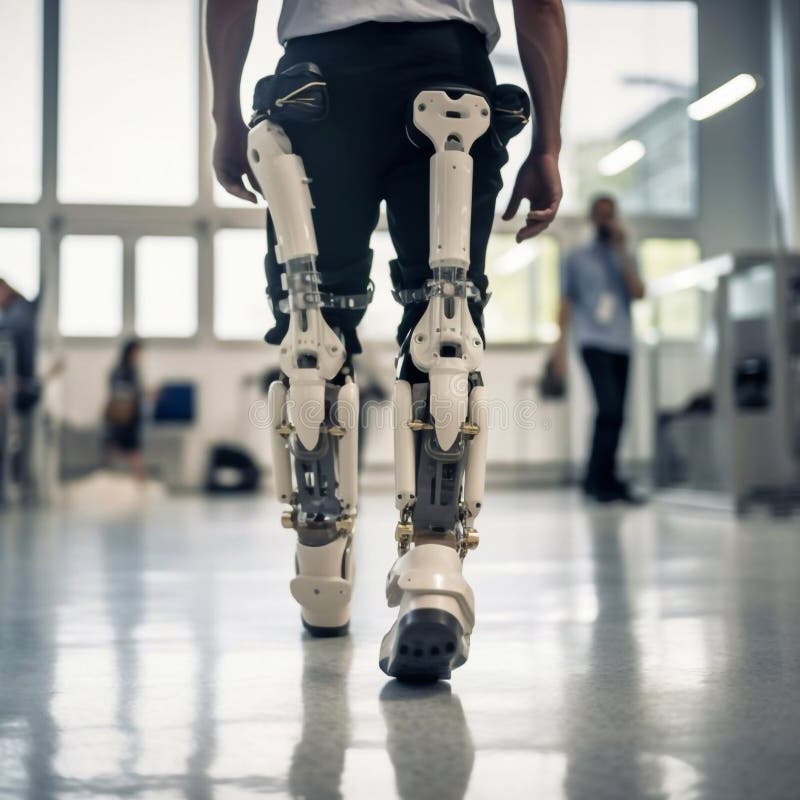 Legs of Man in the Robotic Exoskeleton Walking through the Corridor of ...