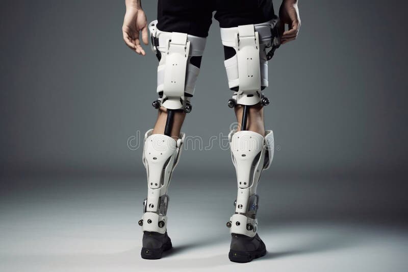 Legs of Man in the Robotic Exoskeleton Walking through the Corridor of ...