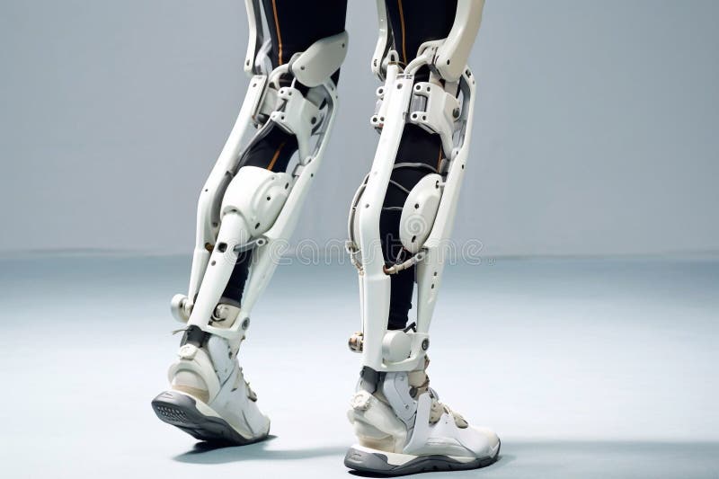 Legs of Man in the Robotic Exoskeleton Walking through the Corridor of ...