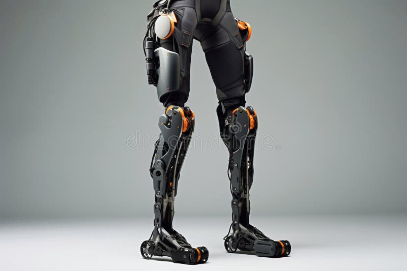 Legs of Man in the Robotic Exoskeleton Walking through the Corridor of ...