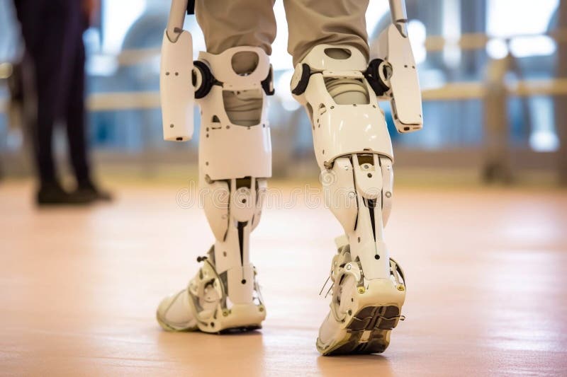 Legs of Man in the Robotic Exoskeleton Walking through the Corridor of ...