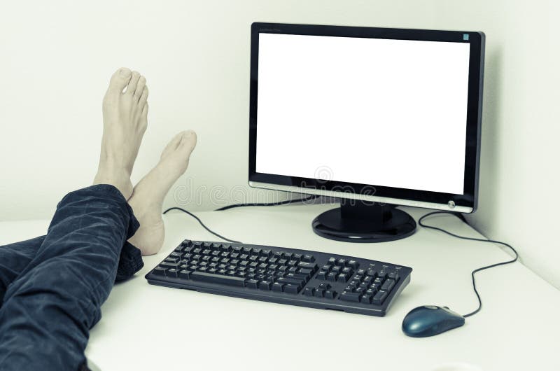 Legs and Feet without Shoes on Desk with White Screen Stock Photo ...
