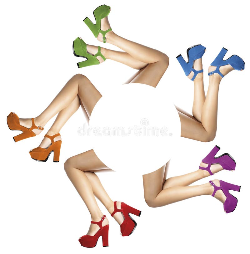 Legs and Feet of a Woman with Colored Shoes in Circle Stock Image ...
