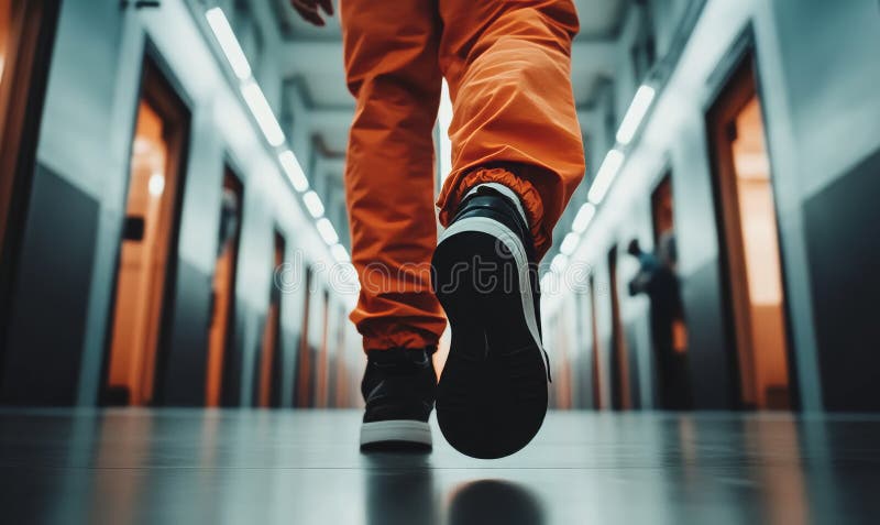 The Legs of a Prisoner Walking Down a Corridor in Jail Uniform Stock ...