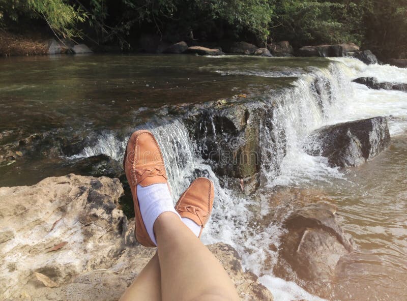 Legs from Sit View and Looking Waterfall Stock Photo - Image of sunday ...