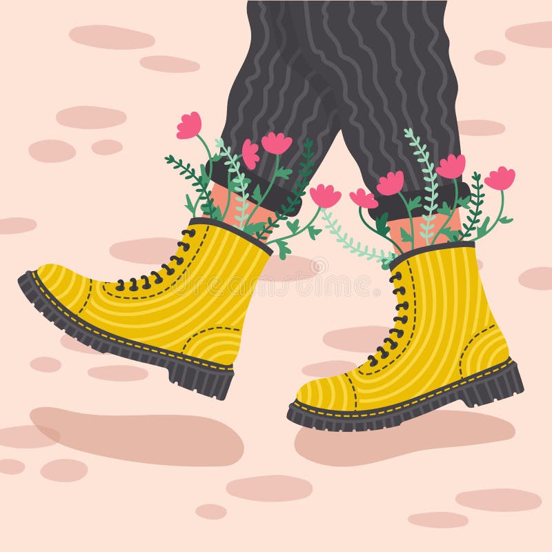 Legs with Trendy Boots with Flowers Walking on the Road. Vector Flat ...