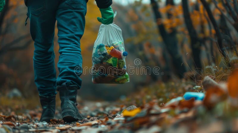 Legs Walking and a Hand Holding a Clear Plastic Bag Filled with Trash ...