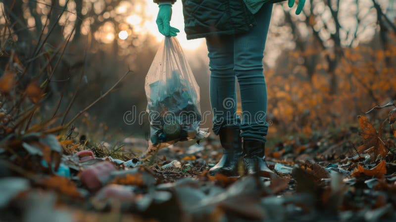 Legs Walking and a Hand Holding a Clear Plastic Bag Filled with Trash ...