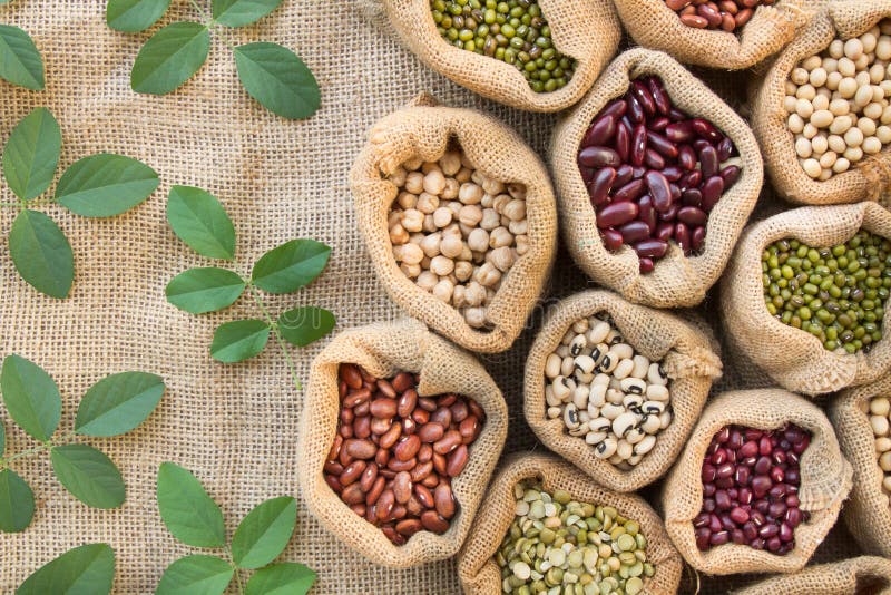 Legumes Seed in Bag with Leaf of Bean Background Stock Photo - Image of ...