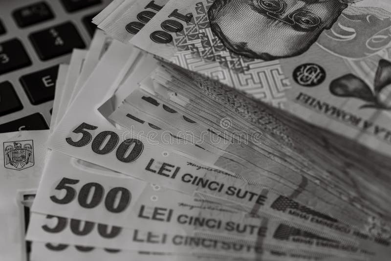 Lei Banknotes on Keyboard. Selective Focus on Stack of LEI Romanian ...