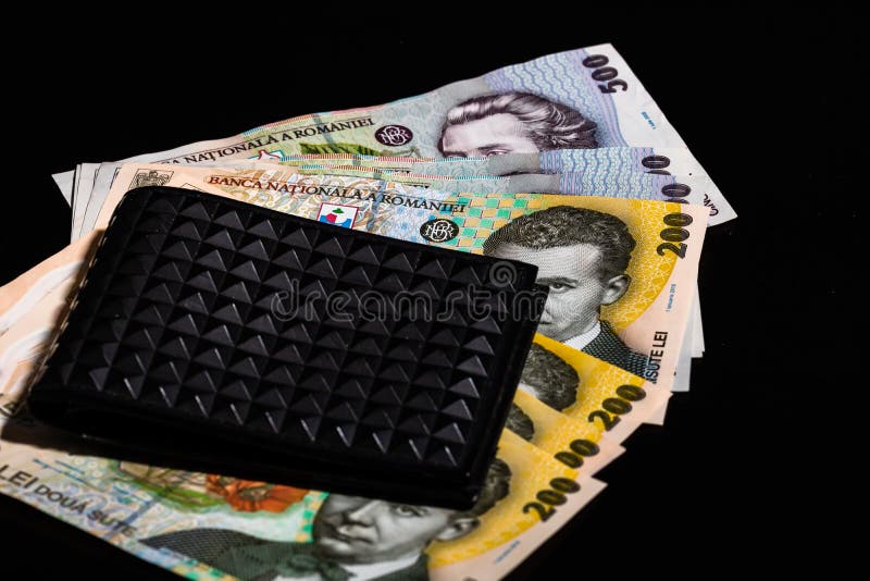 LEI Romanian Money Banknotes in Black Wallet Isolated Stock Photo ...